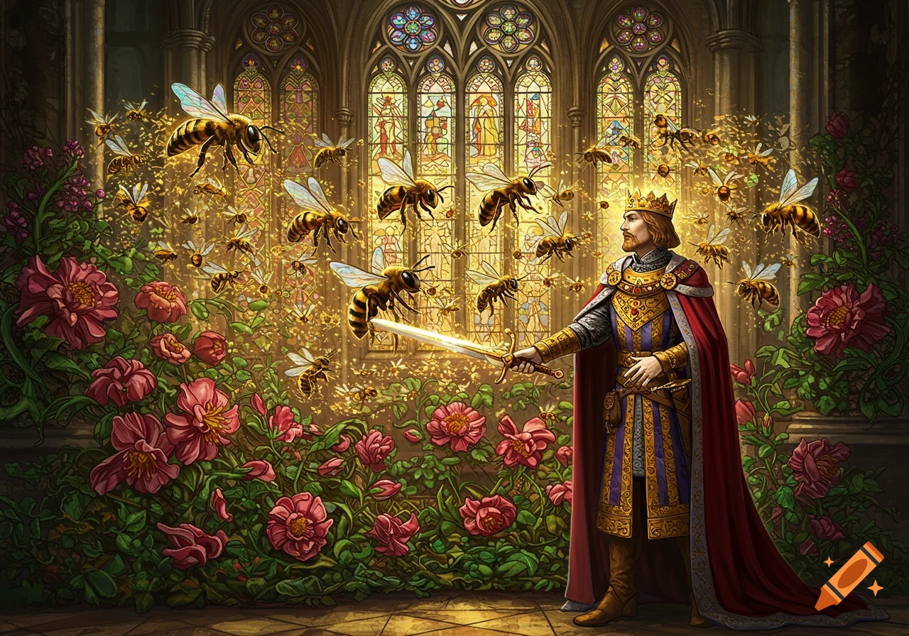 A fantasy illustration of a king releasing bees from his sword in front ...