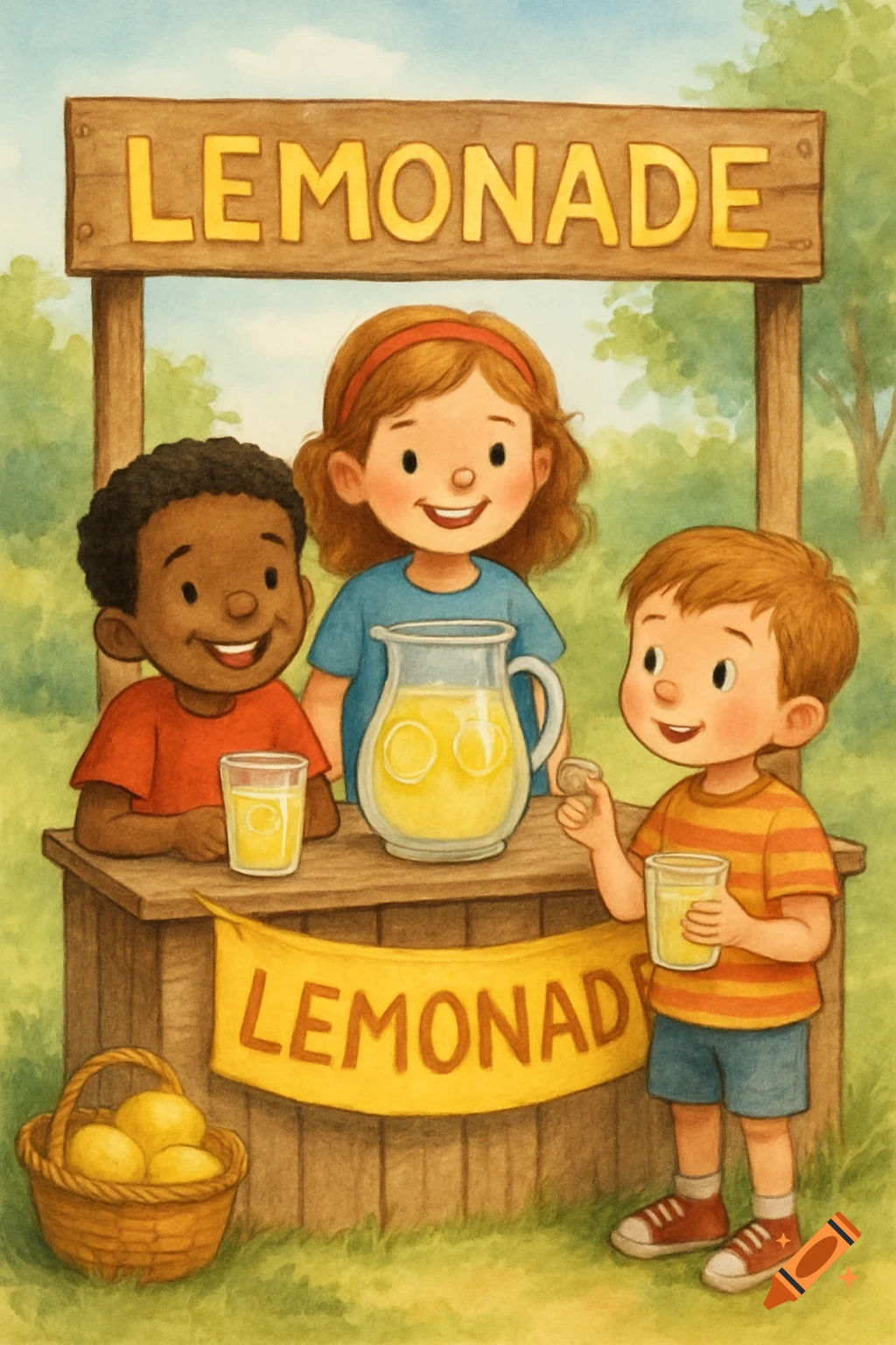 Three cartoon children sell lemonade at a stand, watercolor ...