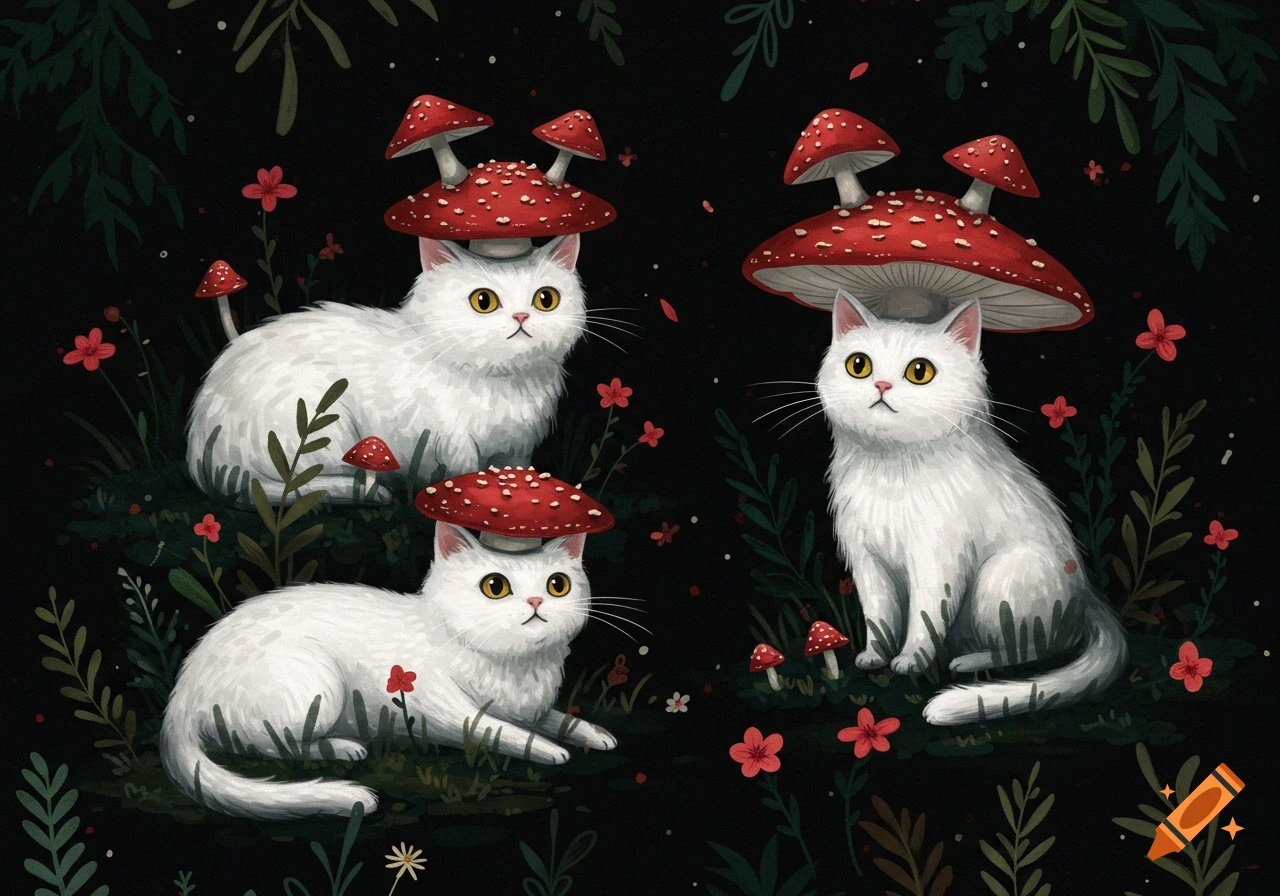 White cats wearing red-capped mushrooms as hats among dark foliage and ...