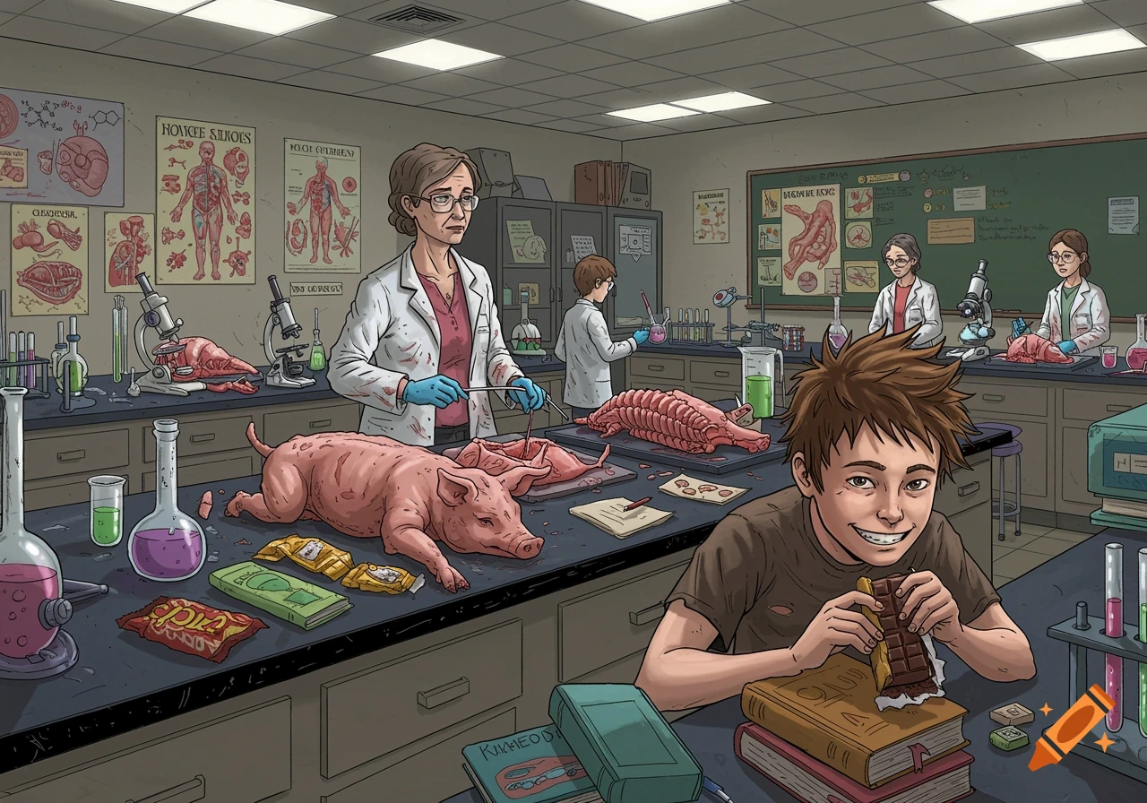 Illustration of a boy eating chocolate in a middle school science lab ...