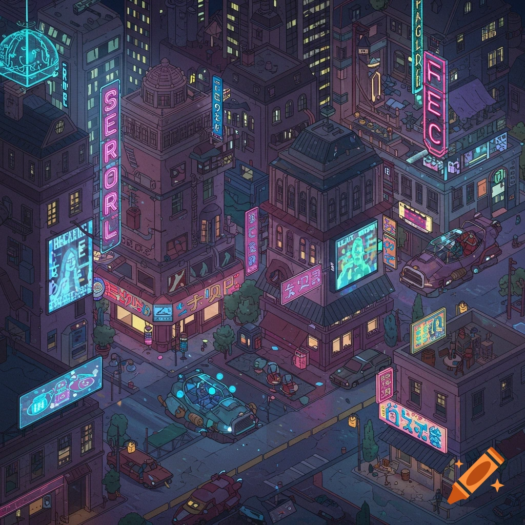 An isometric view of a detailed cyberpunk city street at night with ...