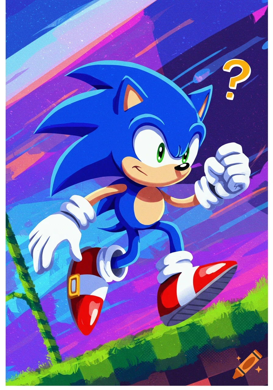 Sonic the Hedgehog runs through a colorful landscape with a question ...