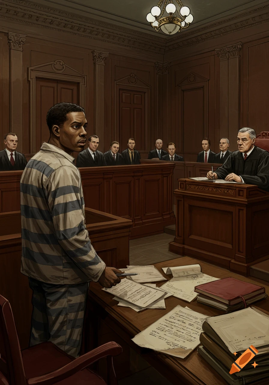 An illustration of a man in striped clothes standing before a judge and ...