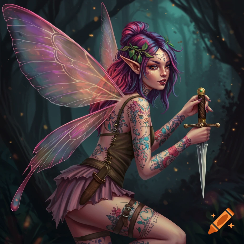 Fantasy illustration of a tattooed fairy with purple and pink hair holding a knife in a dark ...
