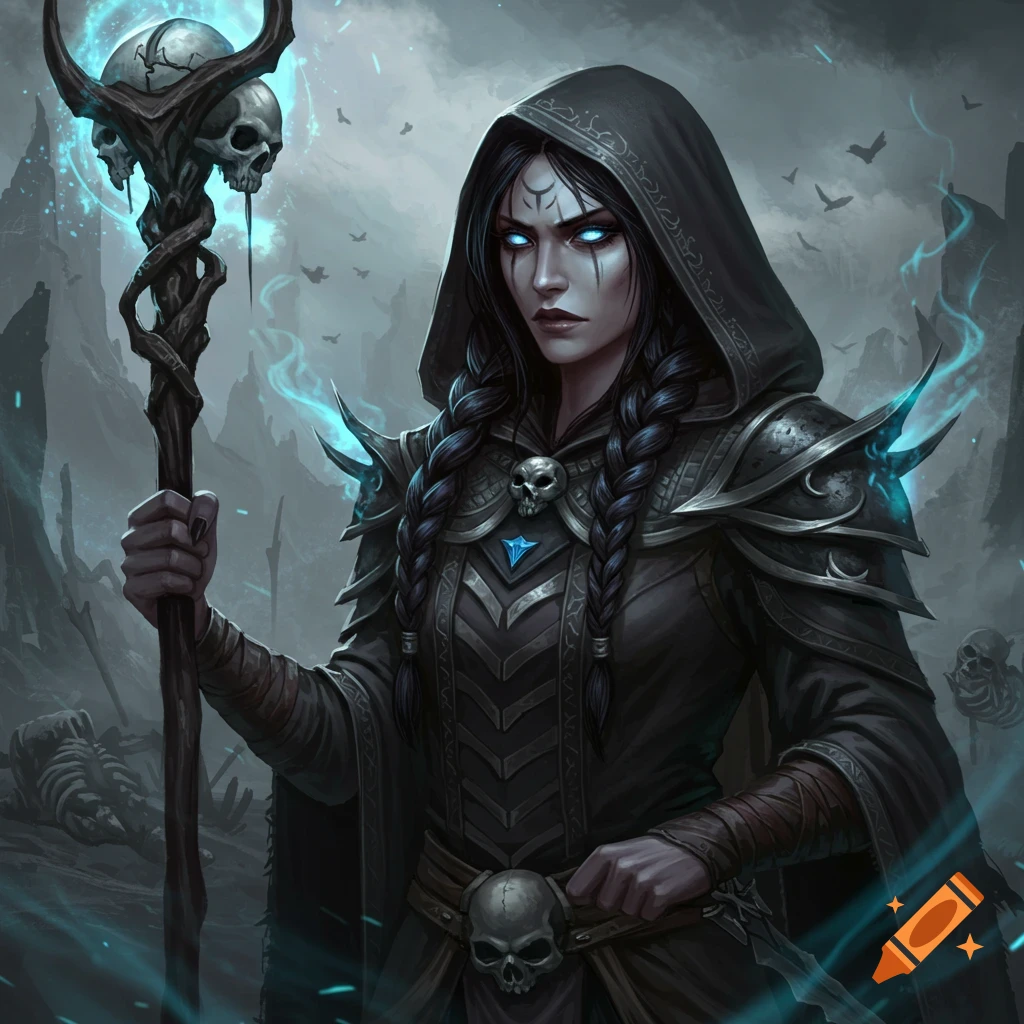Digital painting of a dark fantasy female necromancer holding a staff ...