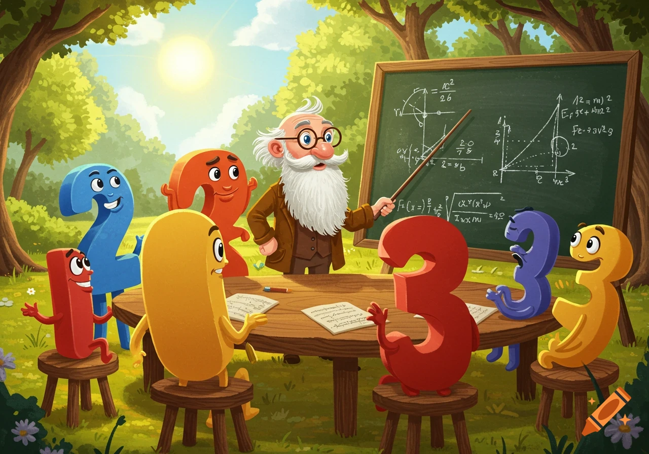 A cartoon professor teaches animated numbers in an outdoor classroom ...