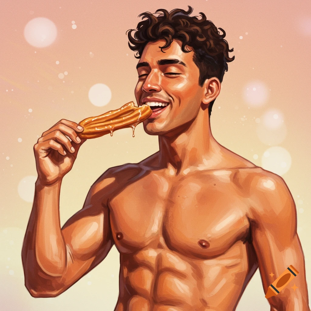 A tan, muscular man smiling while eating a churro. Stylized art. on Craiyon