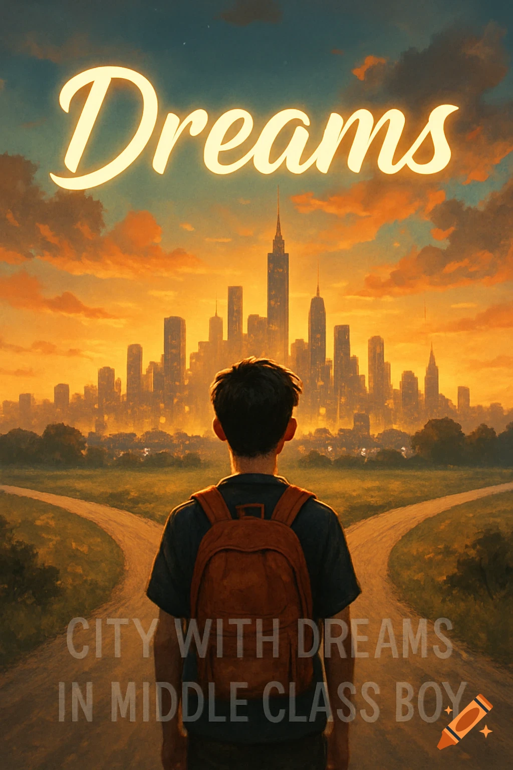 A young person with a backpack stands at a fork in the road, looking at a cityscape at sunset ...