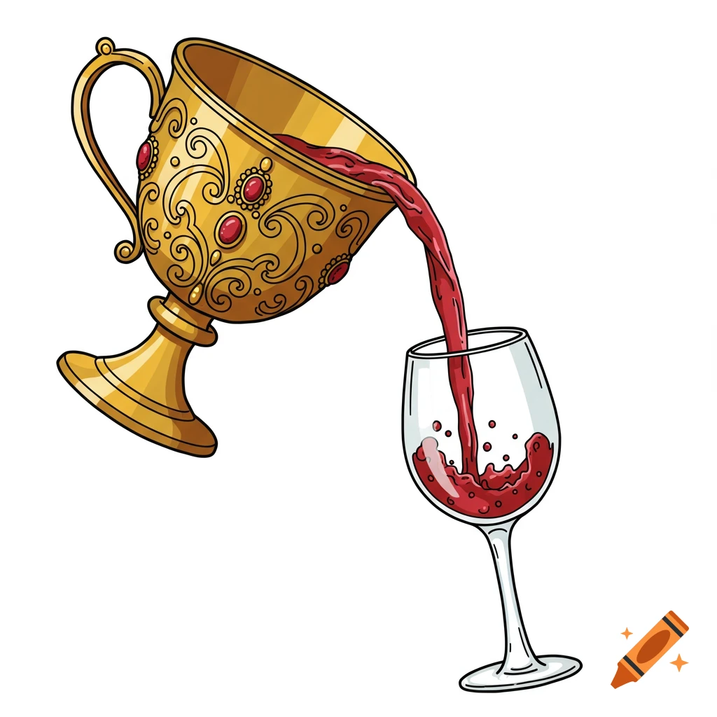 A golden royal goblet pours red wine into a glass. 2D illustration on ...