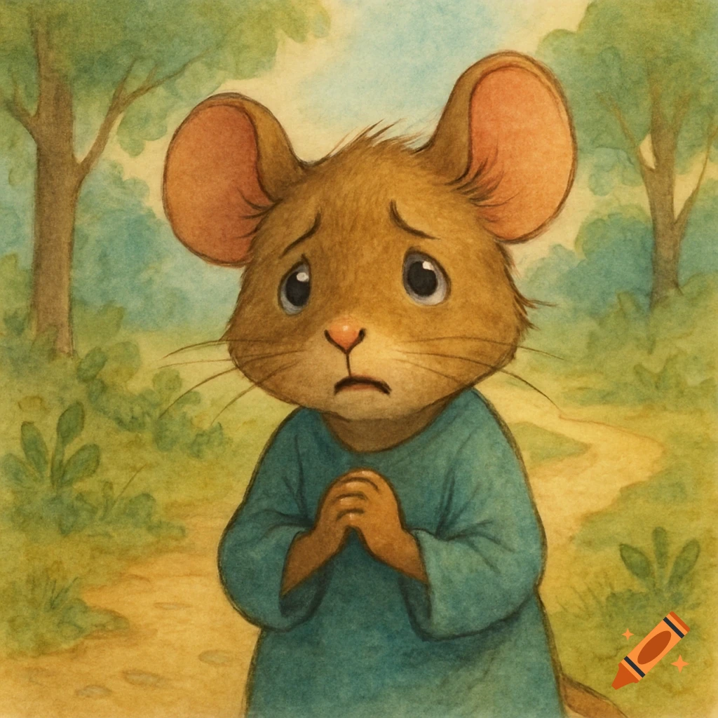 A watercolor illustration of a worried mouse in a forest. on Craiyon