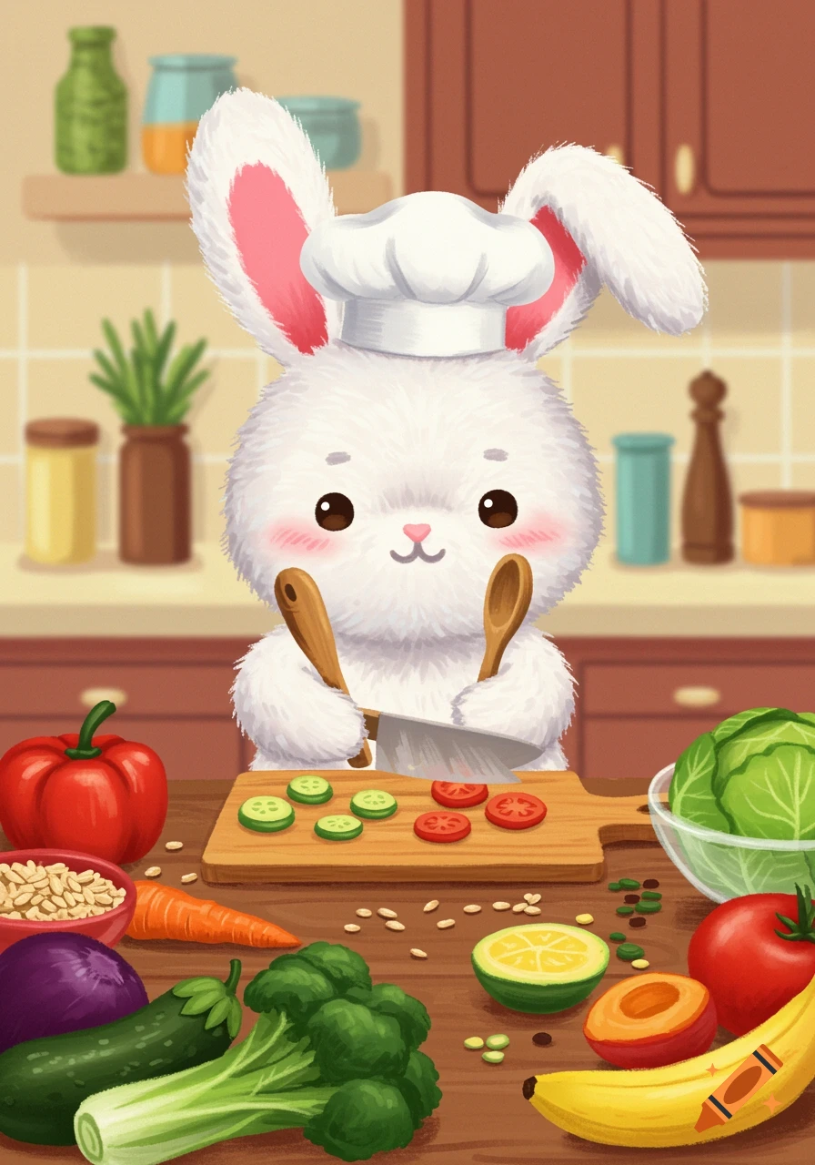 A cute cartoon bunny in a chef hat chops vegetables in a kitchen. on ...