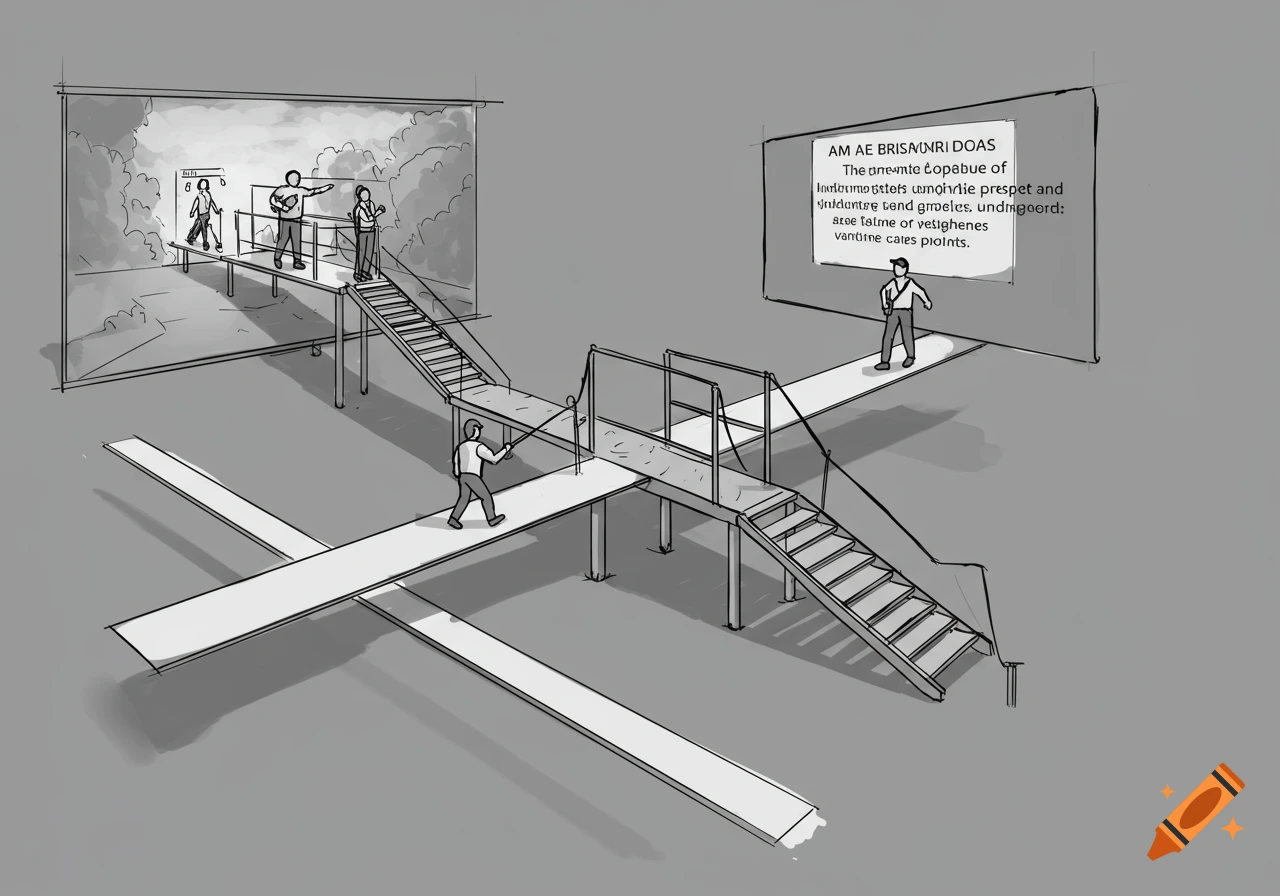 Black and white sketch of figures navigating an obstacle course with ...