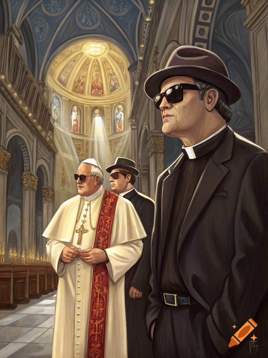 Illustration of a Pope wearing sunglasses, standing with two men in ...