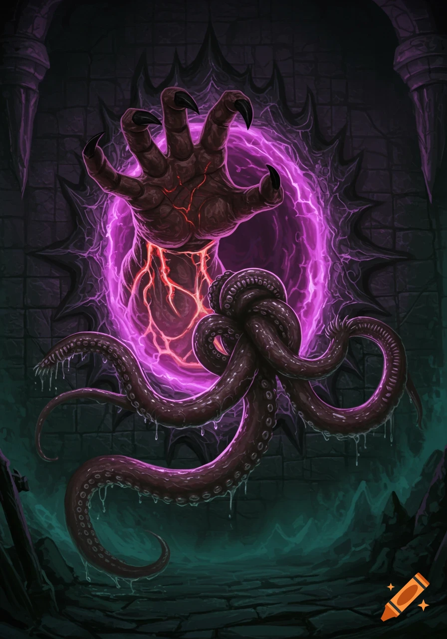 Clawed demonic hand and tentacles reaching from a glowing purple portal ...