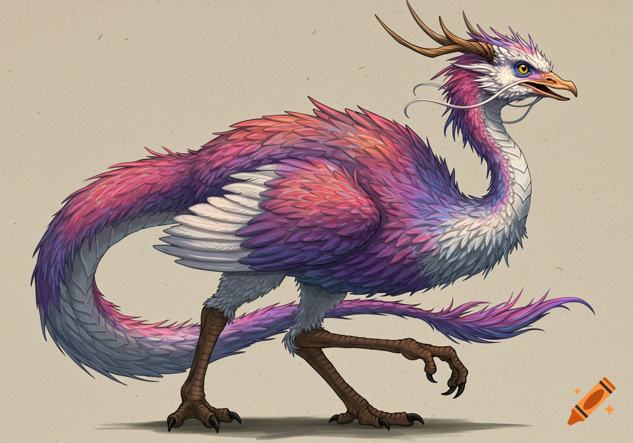 Illustration of an ostrich dragon hybrid creature with pink and purple ...
