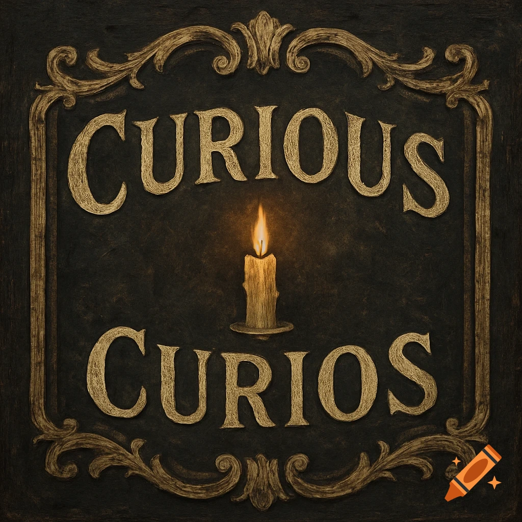 Vintage dark sign with gold ornate trim, displaying 'CURIOUS CURIOS ...
