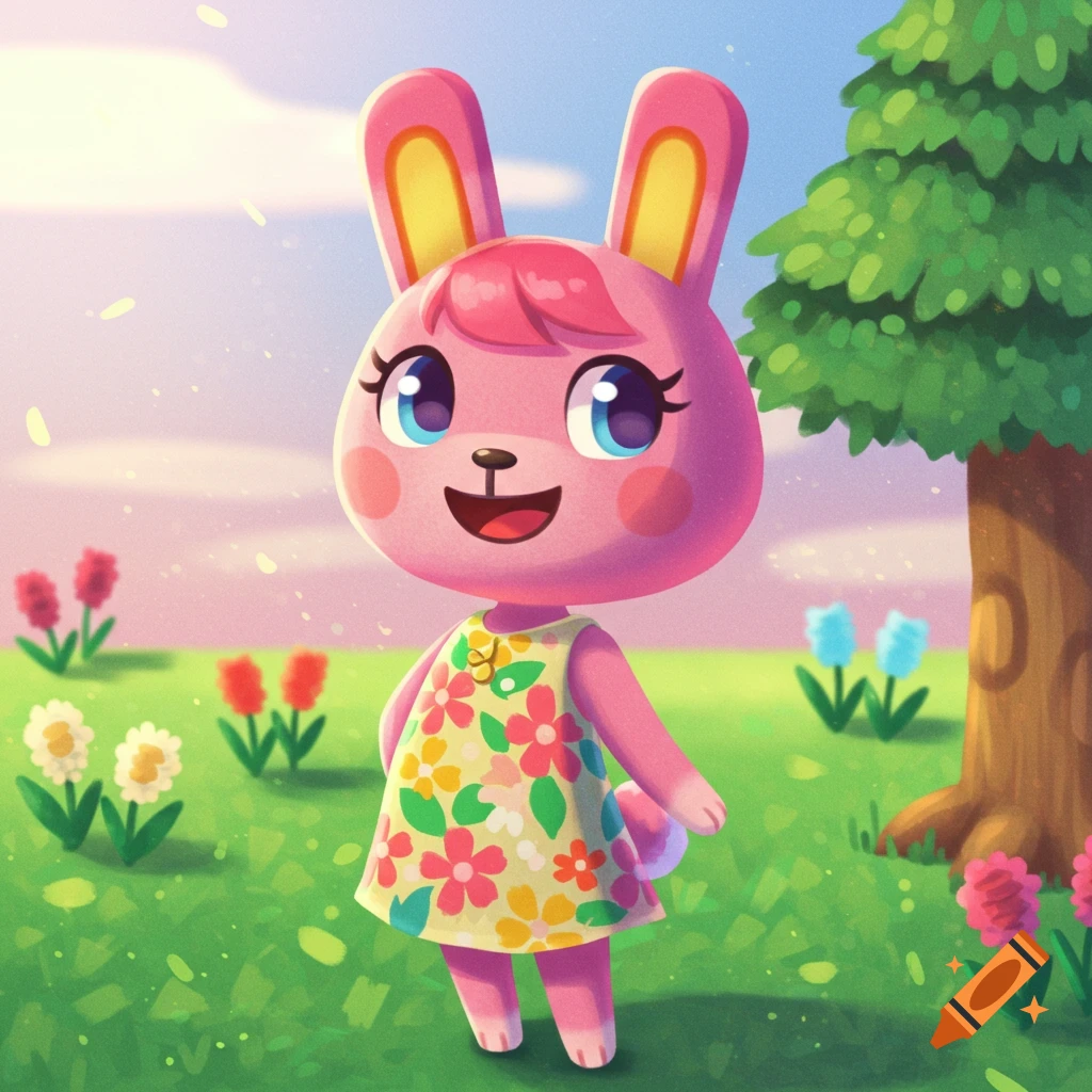 A cute pink rabbit villager from Animal Crossing wearing a floral dress ...
