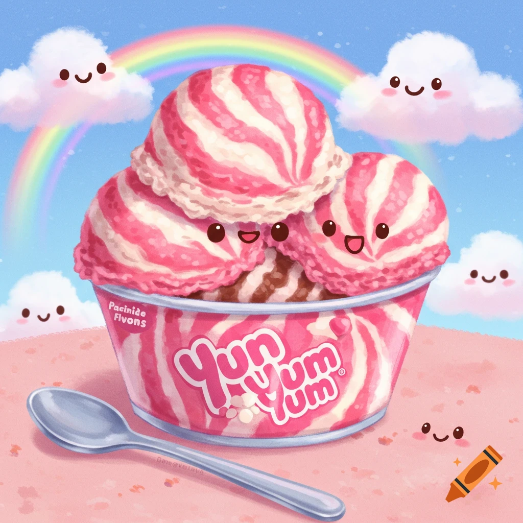 Cute illustration of striped ice cream with faces in a tub, smiling ...