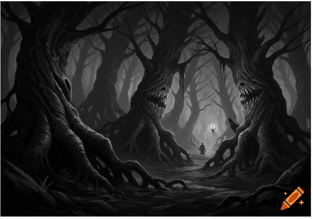 A figure walks through a dark, eerie forest with trees that look like ...