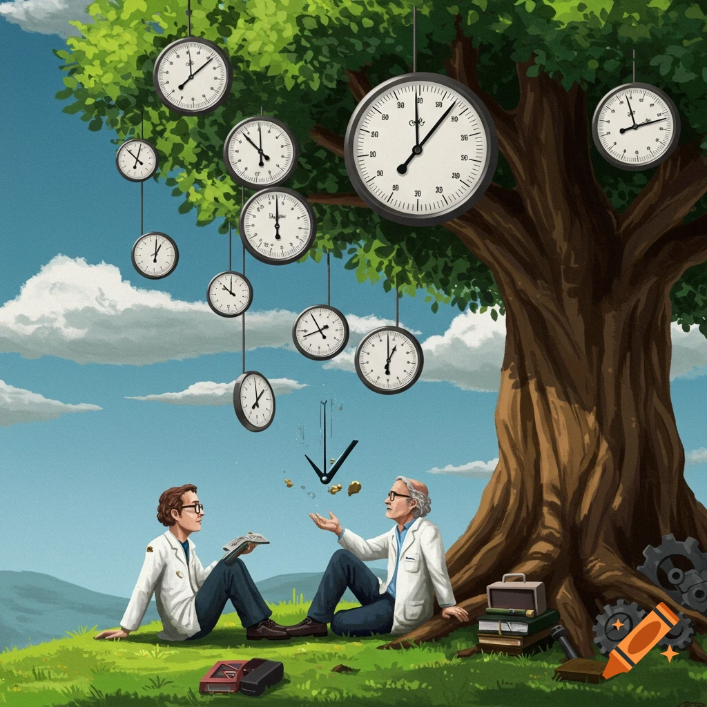 Illustration of two scientists under a tree with clocks hanging and one ...