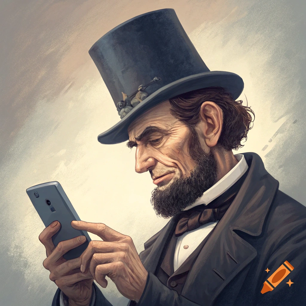 Abraham Lincoln in a top hat and suit looks at a cell phone, in a ...