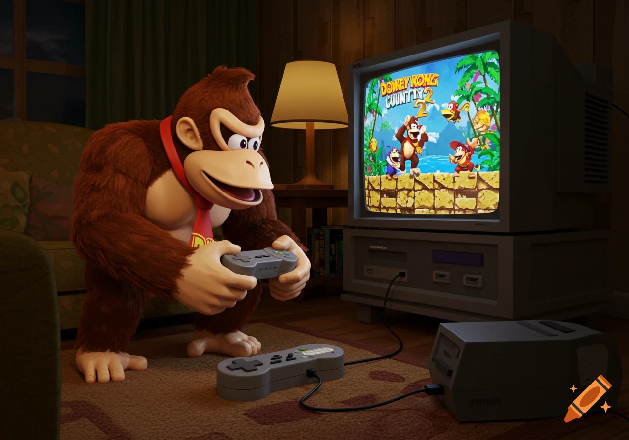 CGI rendering of Donkey Kong playing Donkey Kong Country 2 on a Super ...