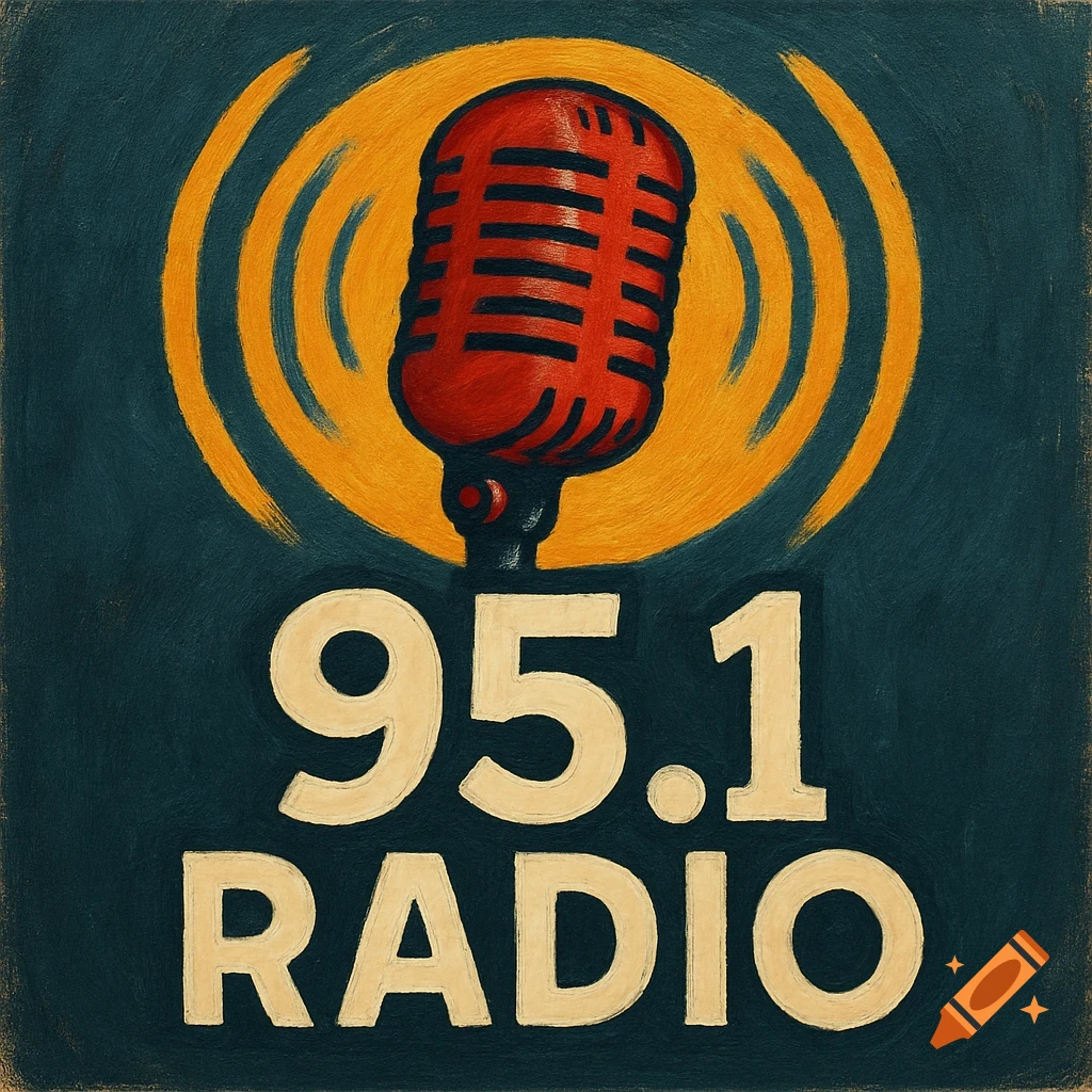 Retro radio station logo with microphone and text '95.1 RADIO' on Craiyon