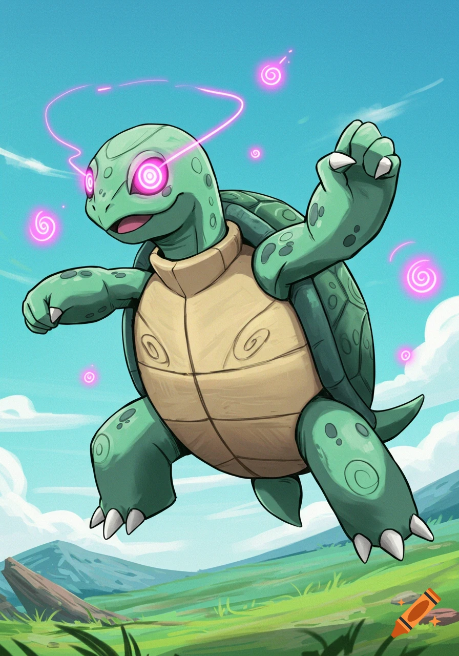 A green turtle character with glowing pink eyes floats mid-air ...