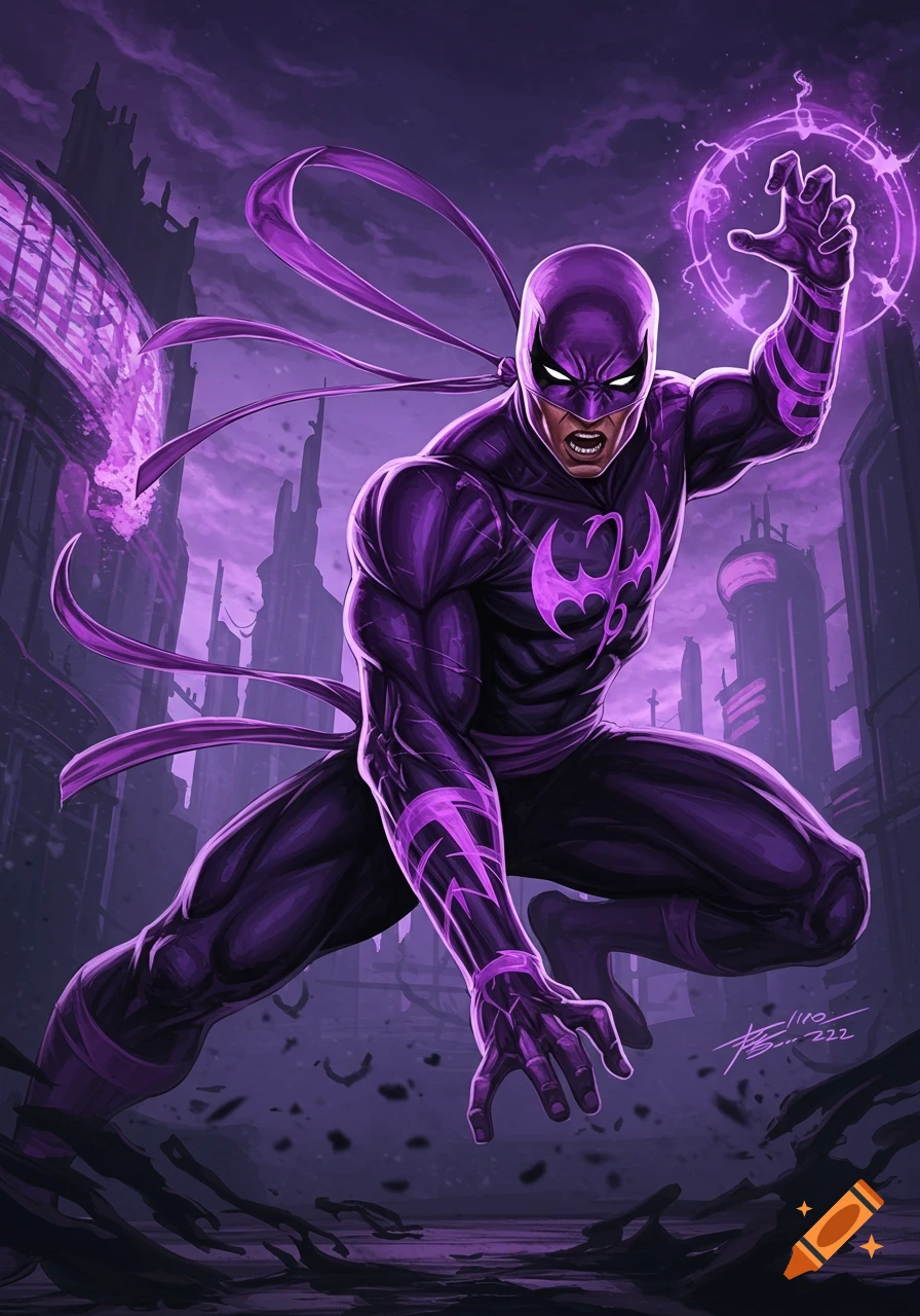 Purple superhero in mask and suit with glowing energy blasts in a ...