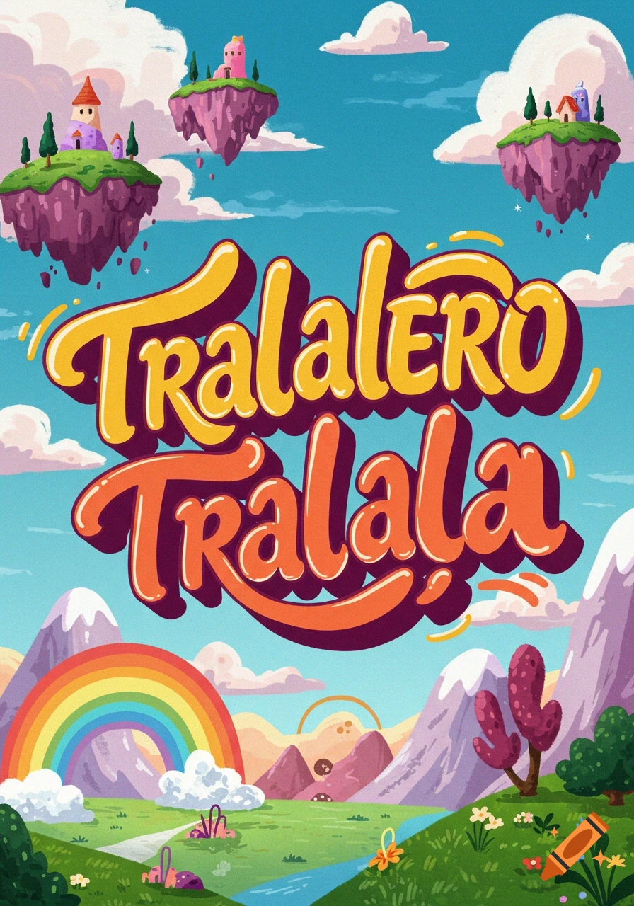 Cartoon fantasy landscape with floating islands, rainbow, and large text TRALALERO TRALALA on ...