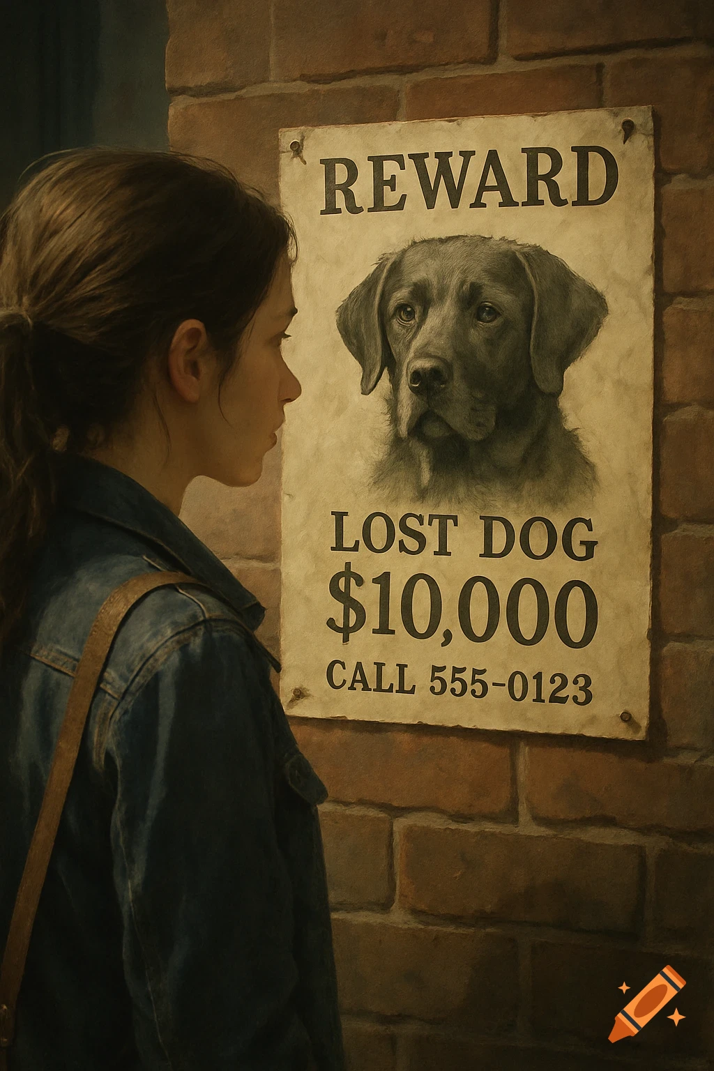 A young woman looks at a realistic reward poster for a lost dog on a ...
