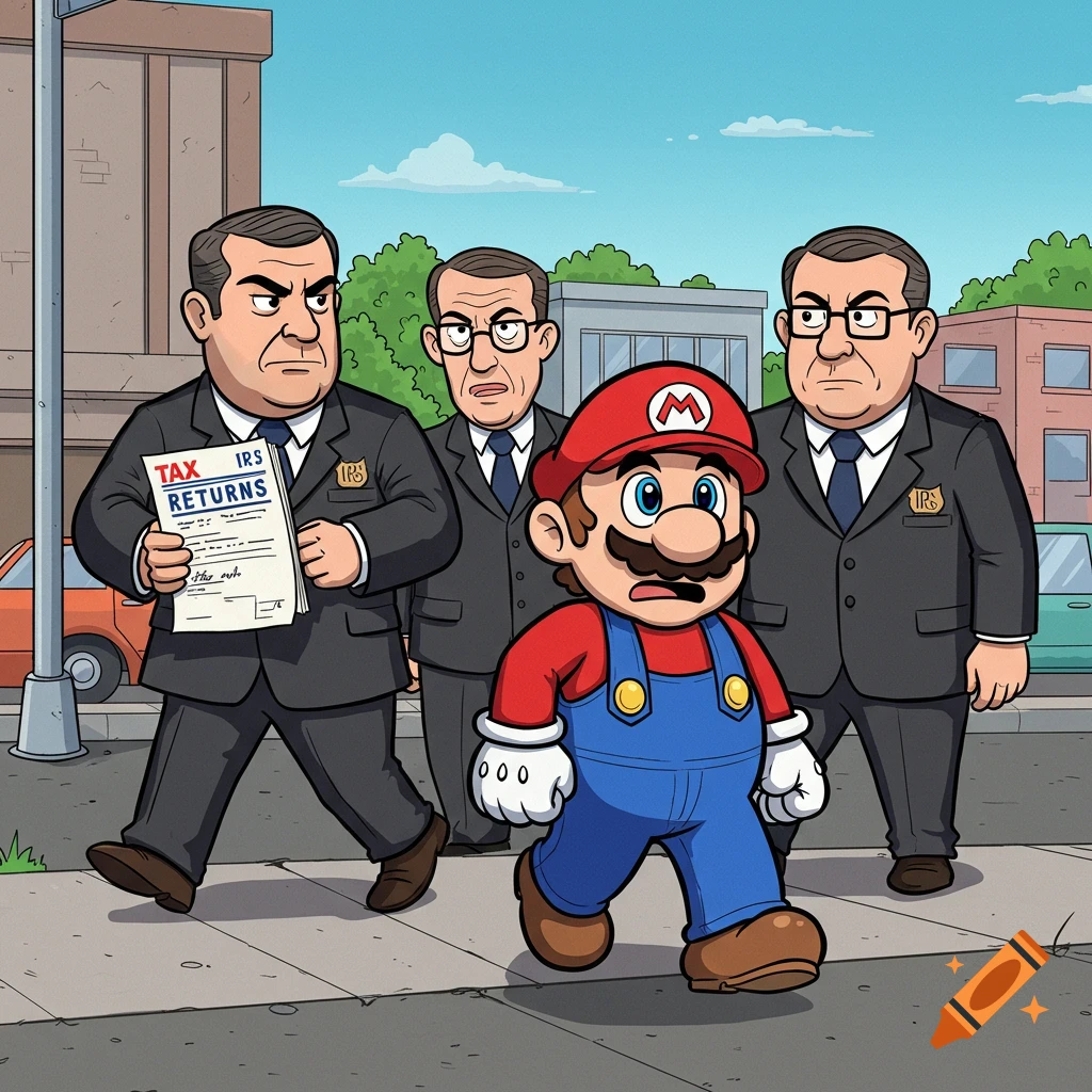 Cartoon of Mario walking with IRS agents holding a tax returns document ...