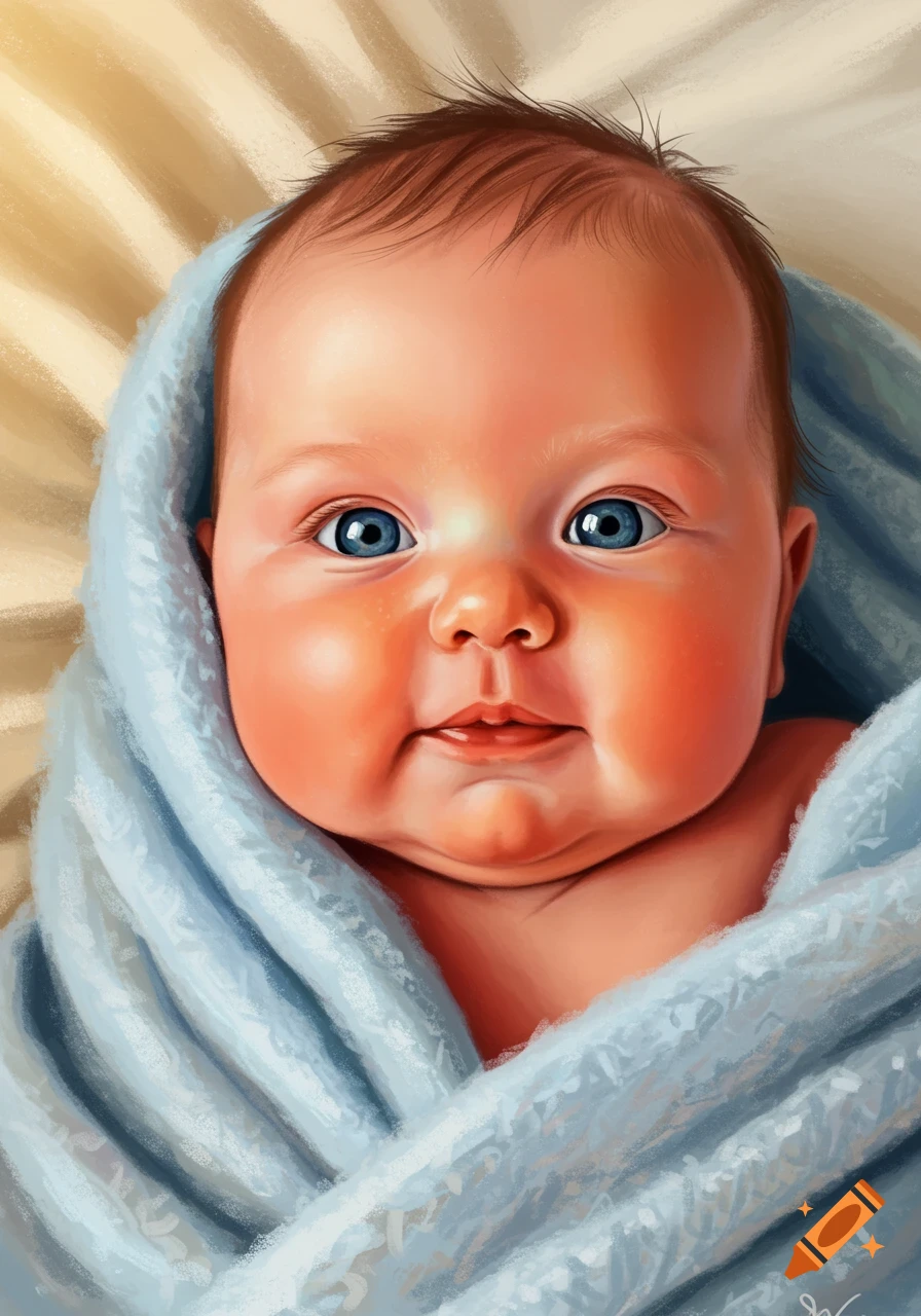 Digital painting of a baby with blue eyes wrapped in a blue blanket. on ...