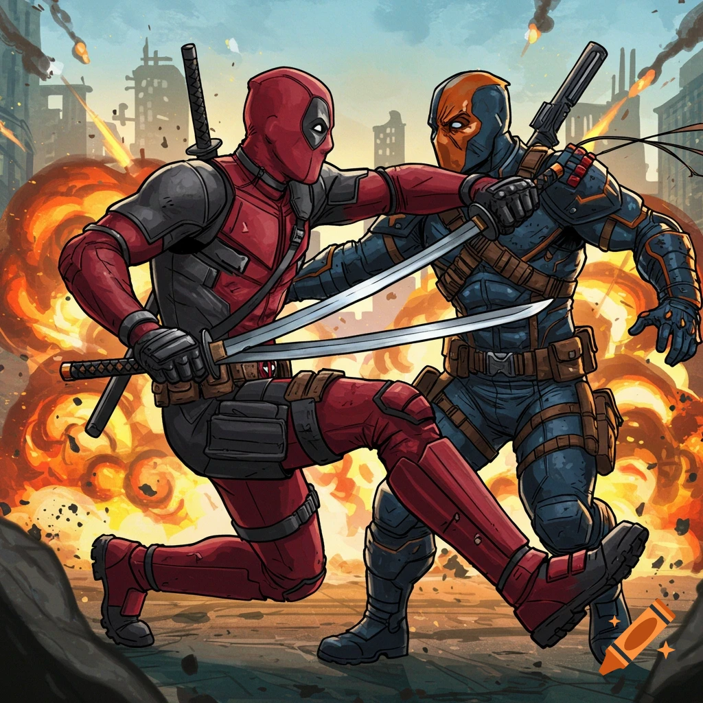 Comic book style illustration of Deadpool fighting Deathstroke in a ...