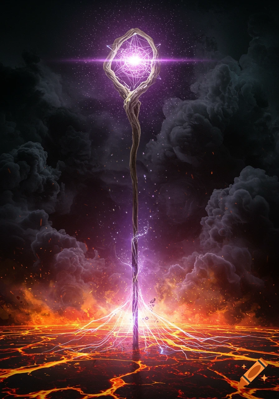 A glowing magic staff stands in a surreal landscape with cracked lava ...