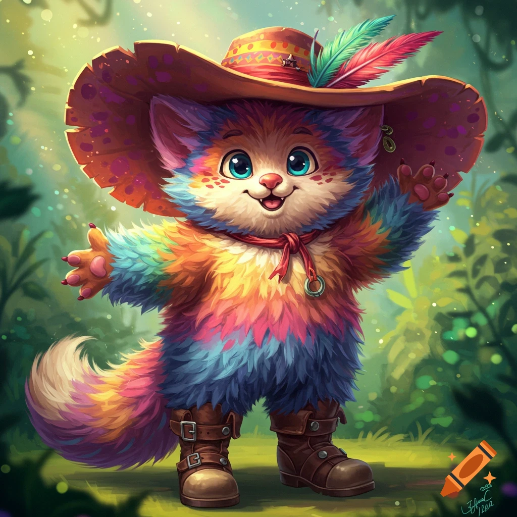 A cute, colorful furry creature wearing a hat and boots stands in a ...