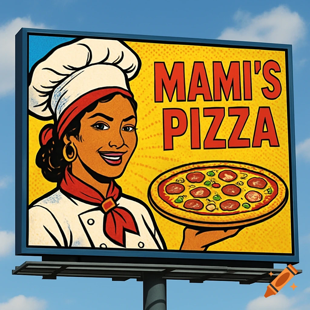 Pop art billboard for Mami's Pizza showing a Latina chef holding a ...