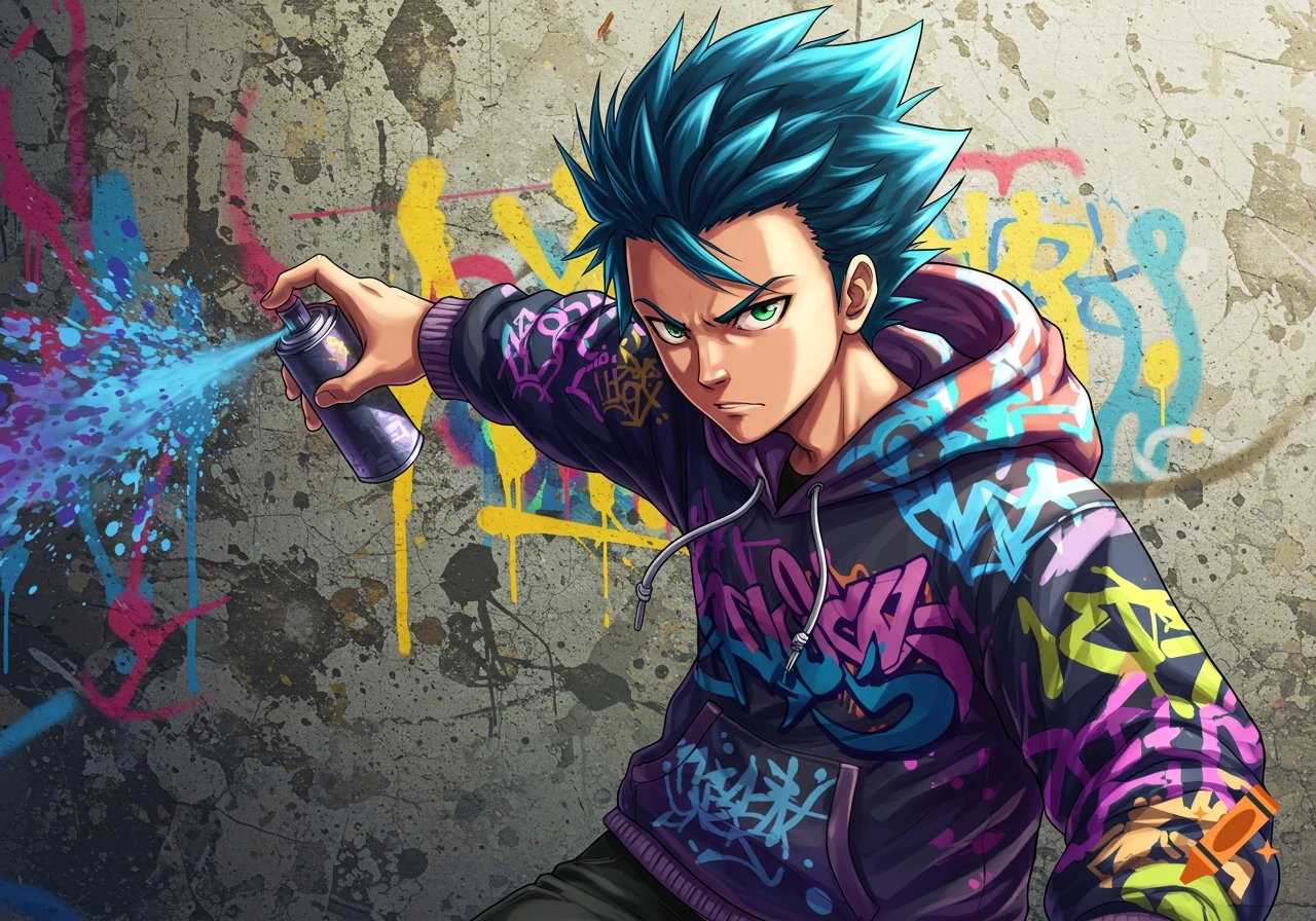 Anime style illustration of a young person with blue spiky hair wearing ...
