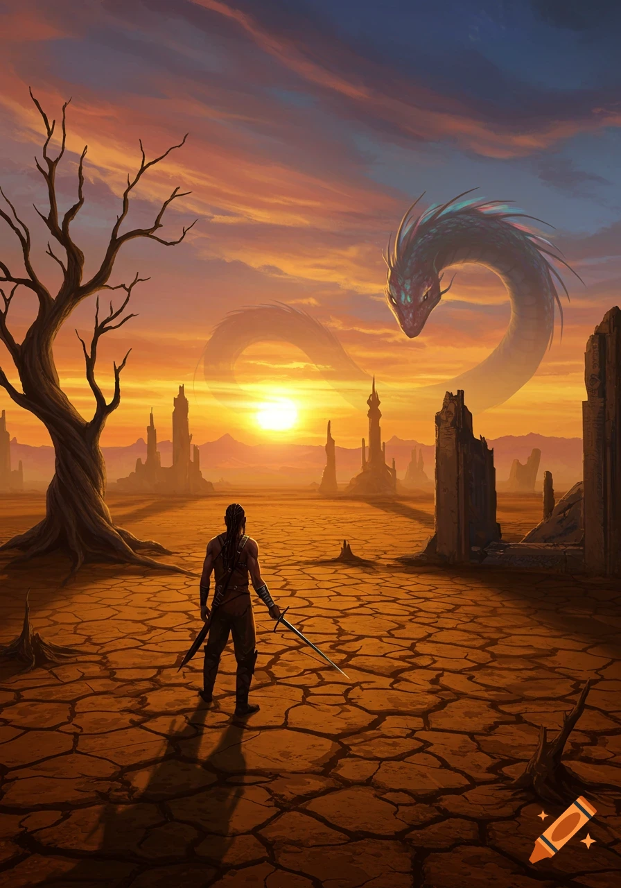 A warrior stands in a cracked desert landscape at sunset, facing a ...