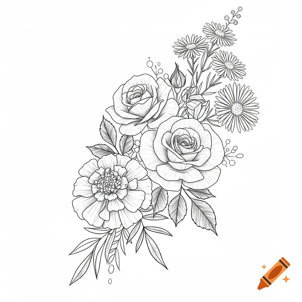 Fine line drawing of a bouquet of marigold, roses, and aster flowers ...