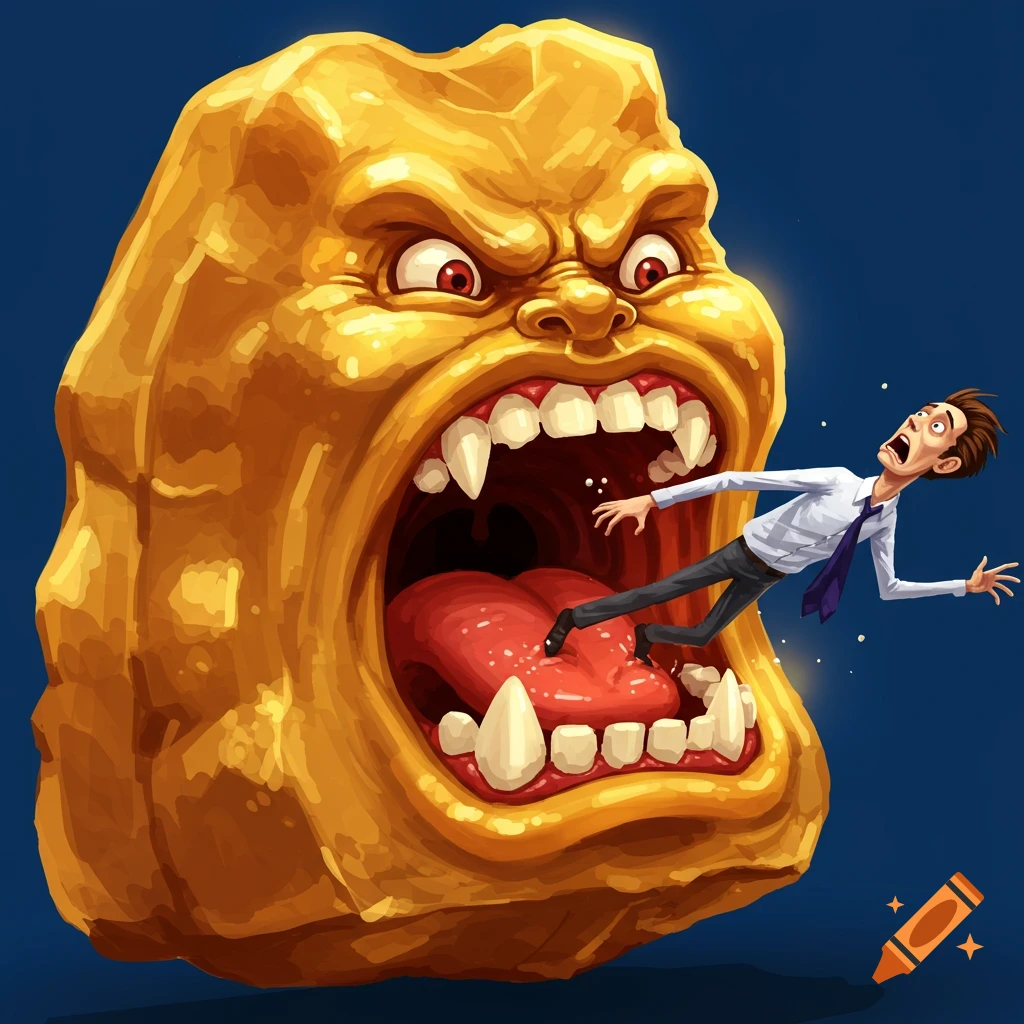 Cartoon illustration of a giant angry chicken nugget eating a man. on ...