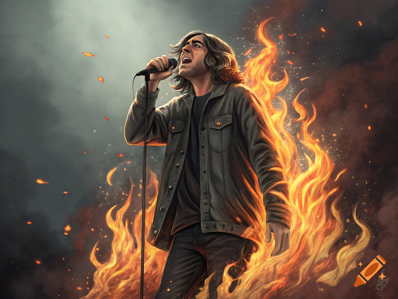 Stylized illustration of a singer on stage, surrounded by flames. on ...