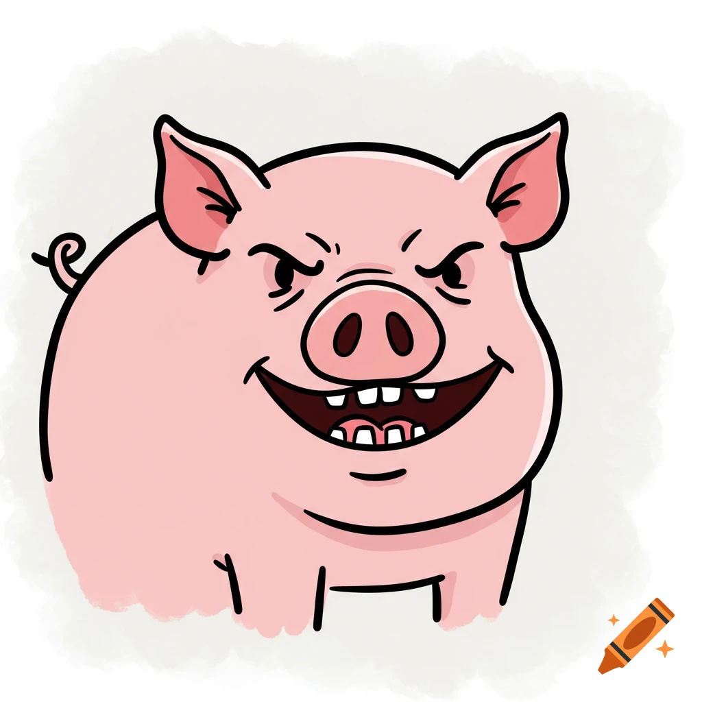 Cartoon drawing of a pink pig with an evil grin and sharp teeth facing ...