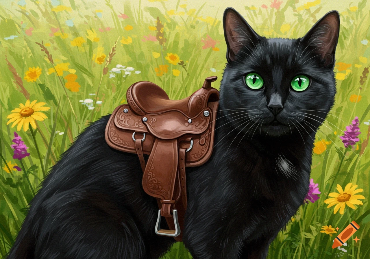 Black cat wearing a small saddle in a meadow of colorful flowers ...