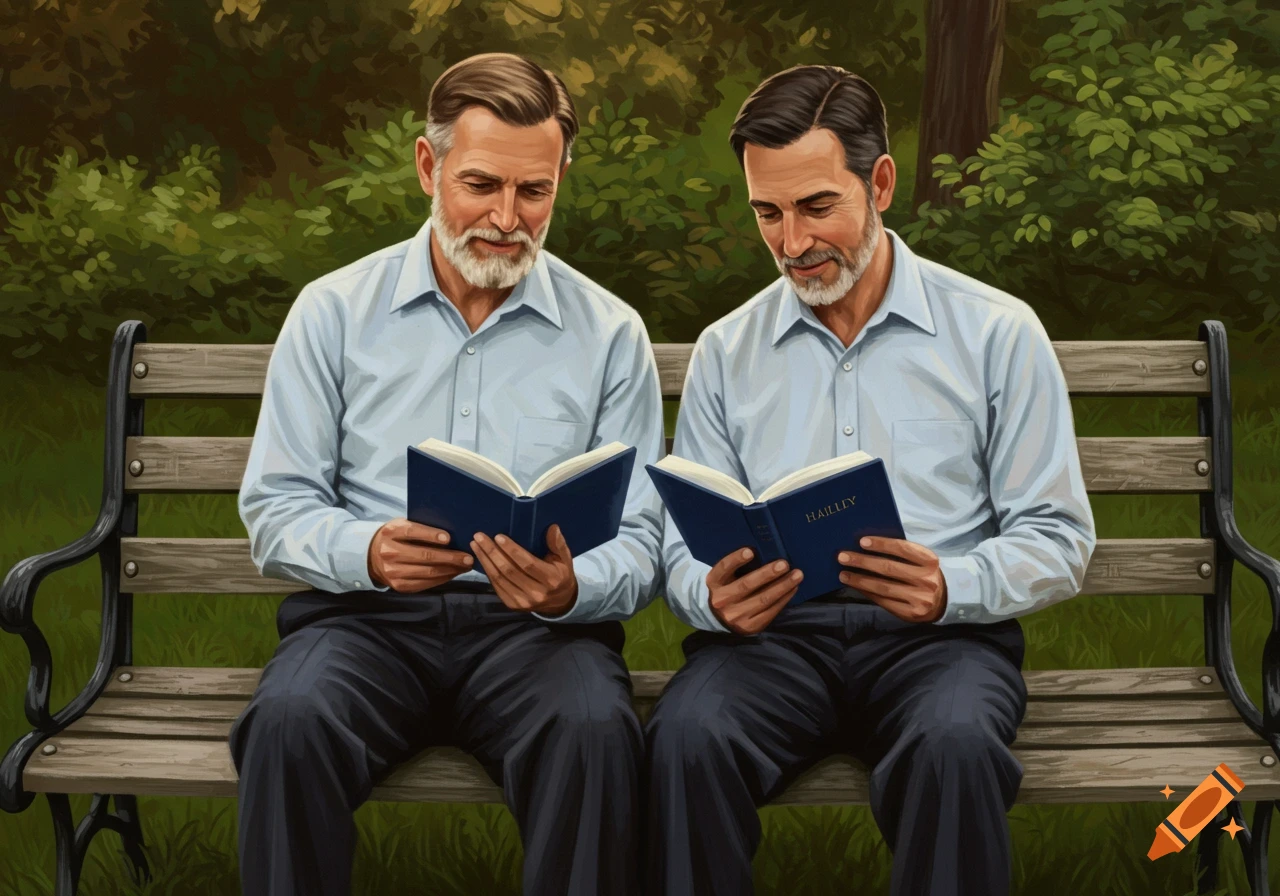 Two men sit on a park bench reading books, rendered in a painterly ...