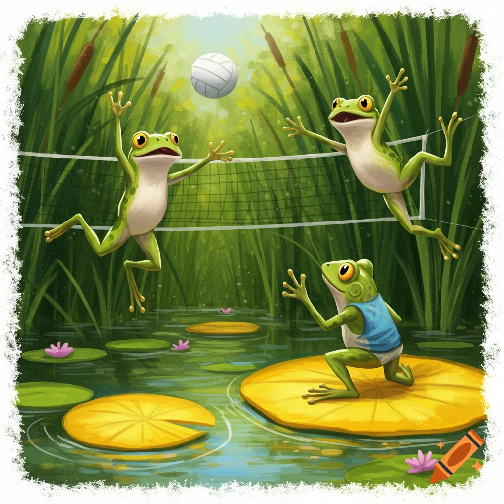Cartoon frogs play volleyball over a net in a pond with lily pads. on ...