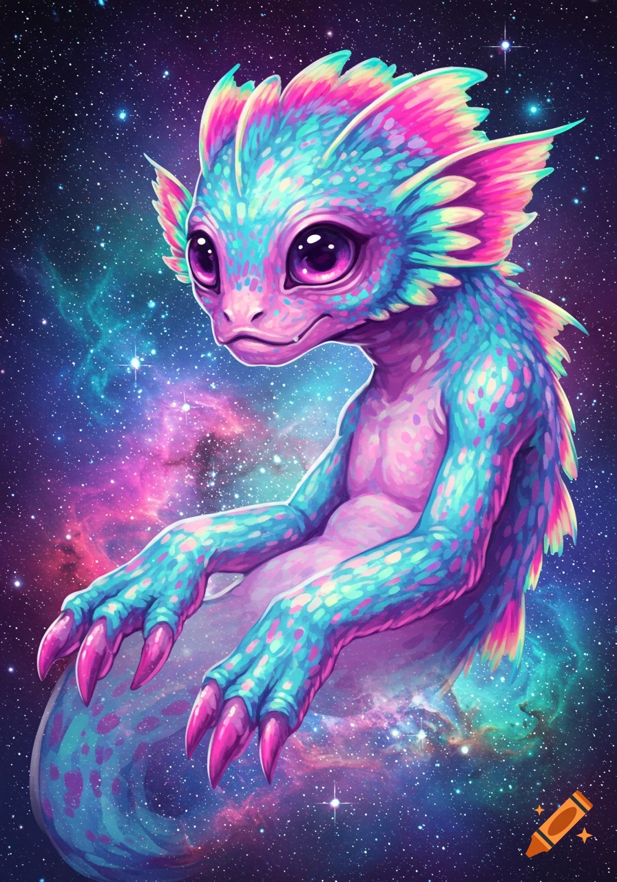 Vibrant illustration of a colorful alien creature with large eyes ...