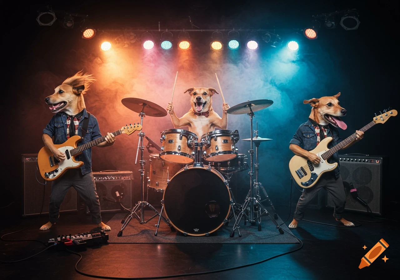 A band of dogs plays music on a stage under colored lights and smoke ...