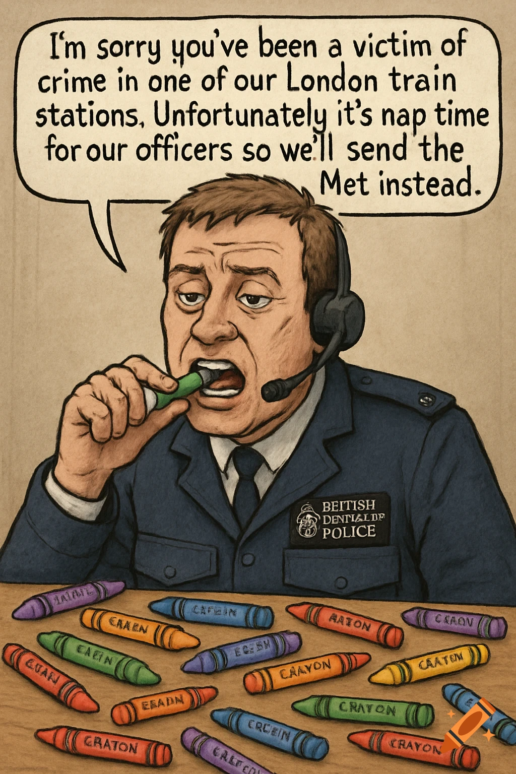 Cartoon of a British Transport Police call handler eating a crayon ...
