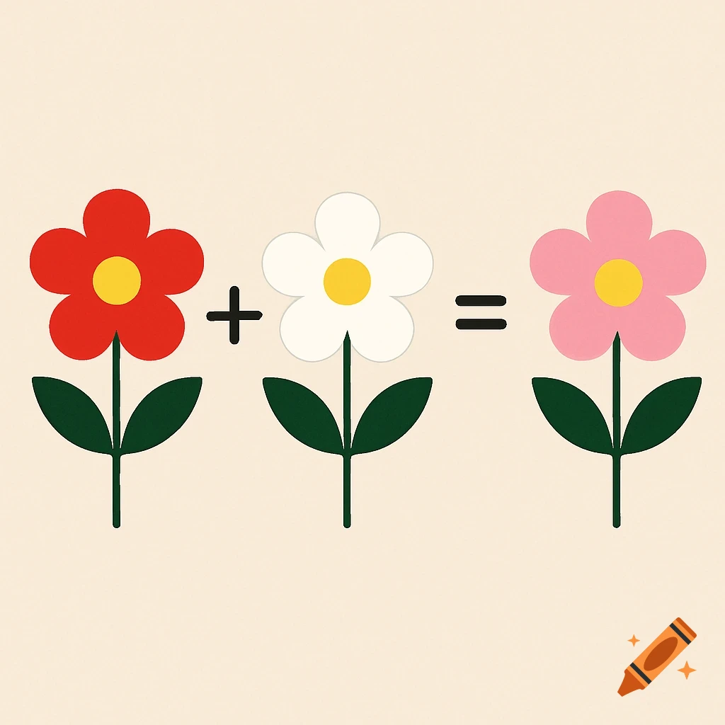 Illustration of a red flower plus a white flower equals a pink flower on Craiyon